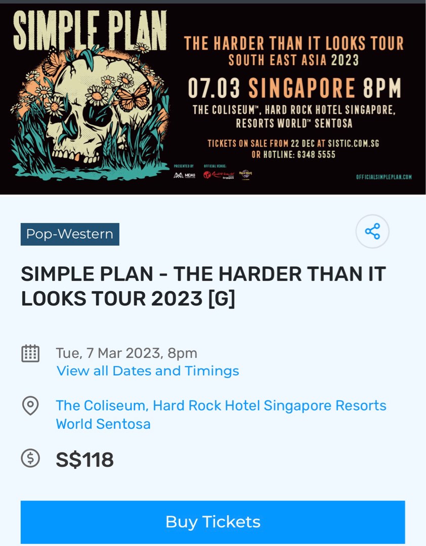 Simple Plan Harder than it looks tickets(Singapore), Tickets & Vouchers, Event Tickets on Carousell