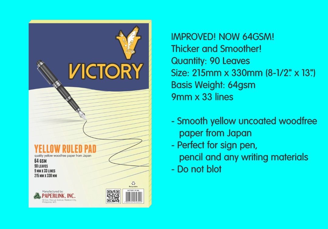 VICTORY Yellow Pad 90 Leaves - IMPROVED! NOW 64GSM! Paper from Japan ...