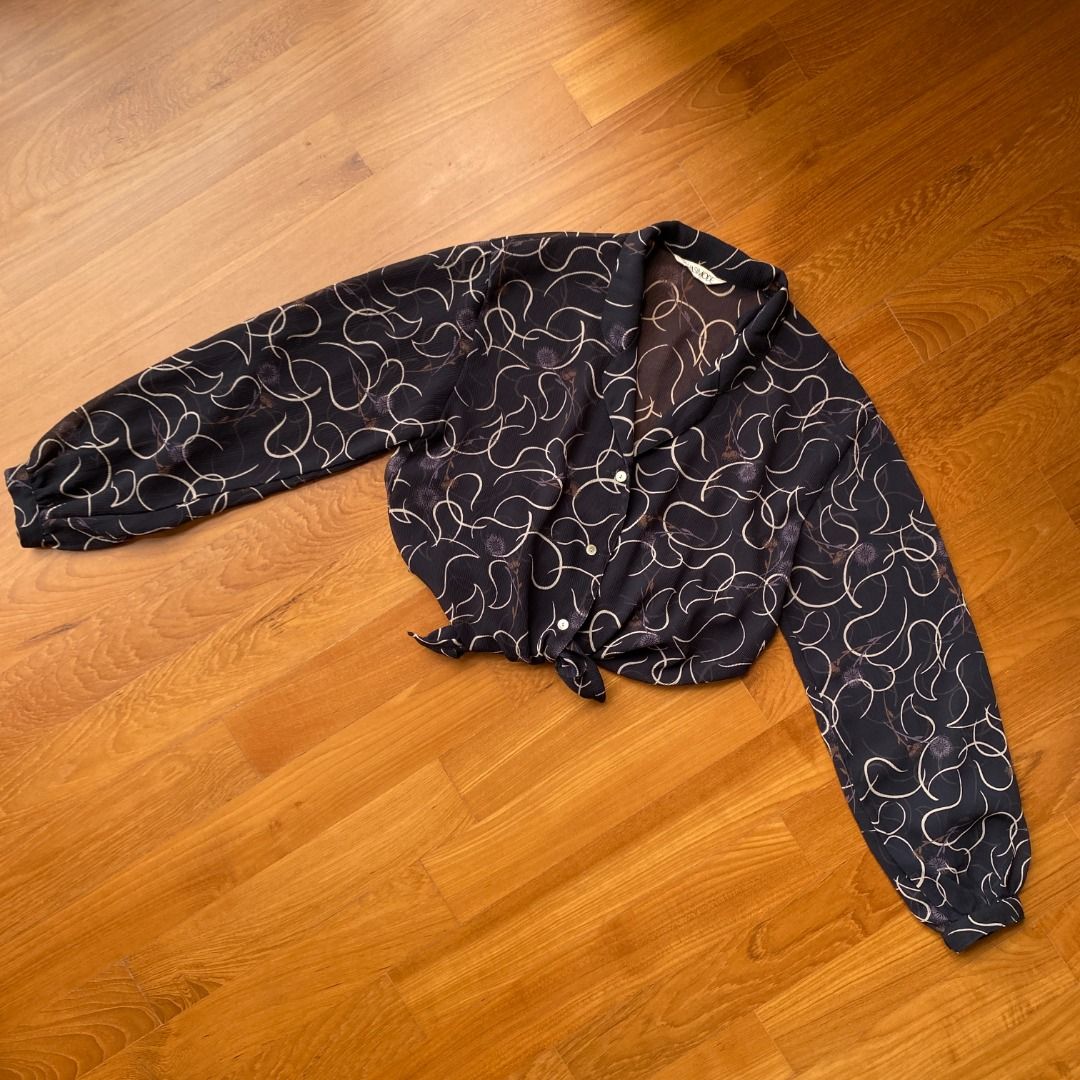 Vintage 80s Black Squiggly Art Line Balloon Sleeves Blouse, Women's ...