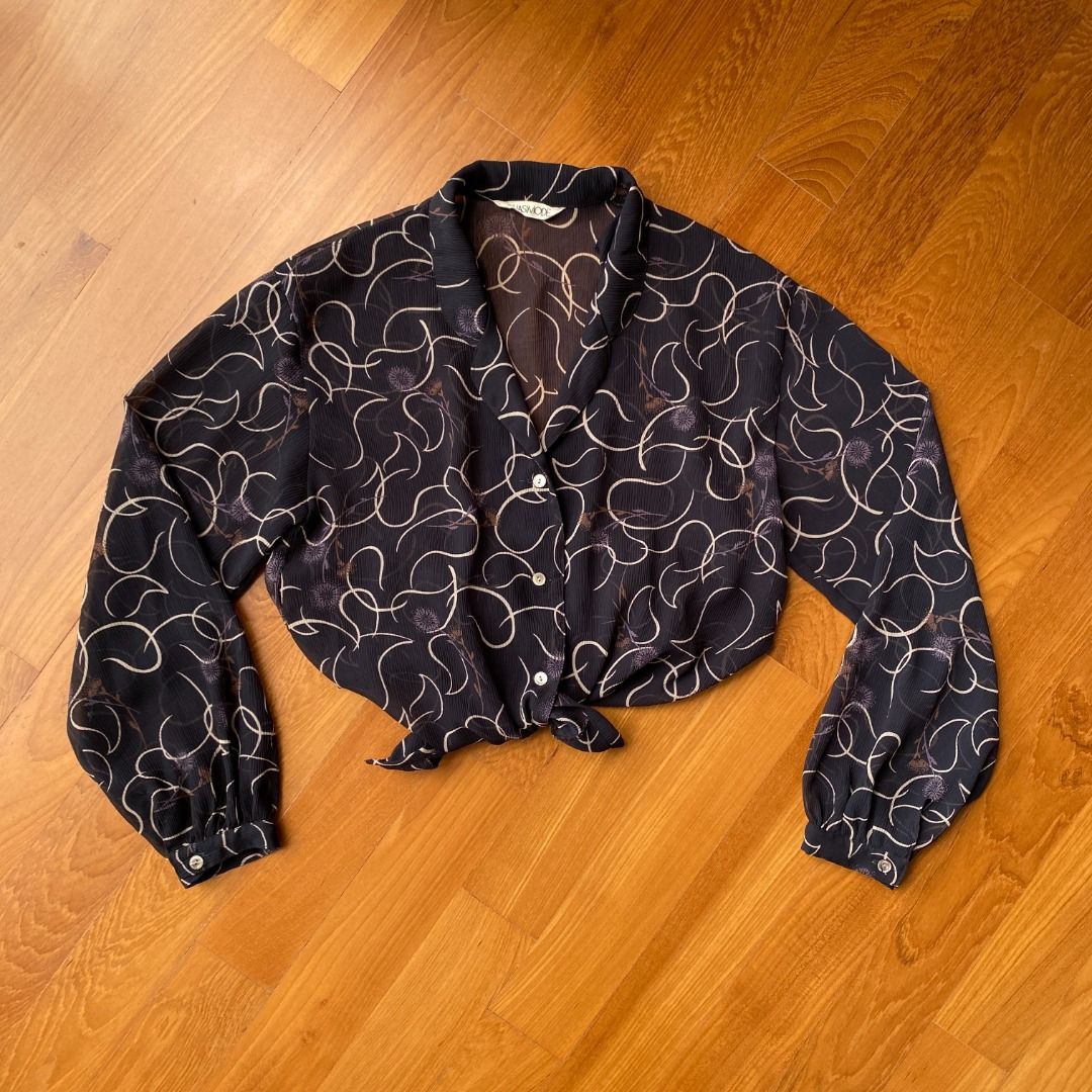 Vintage 80s Black Squiggly Art Line Balloon Sleeves Blouse, Women's ...