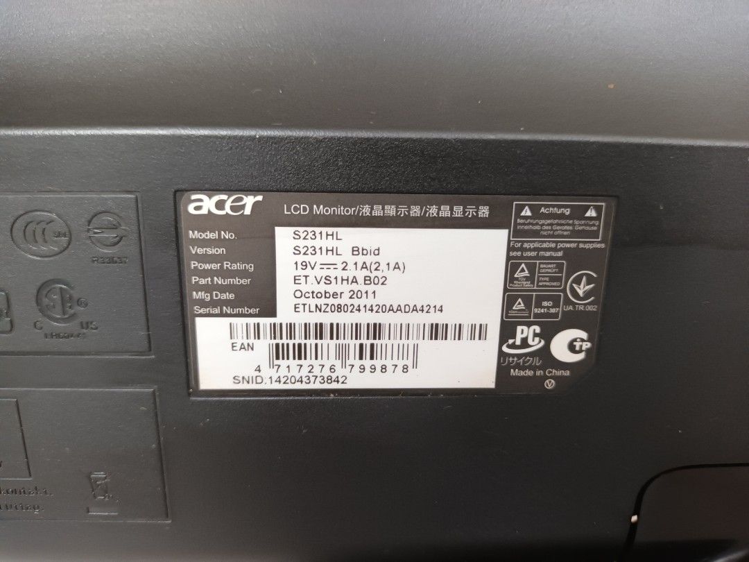 Acer S231HL Monitor, Computers & Tech, Parts & Accessories, Monitor Screens on Carousell