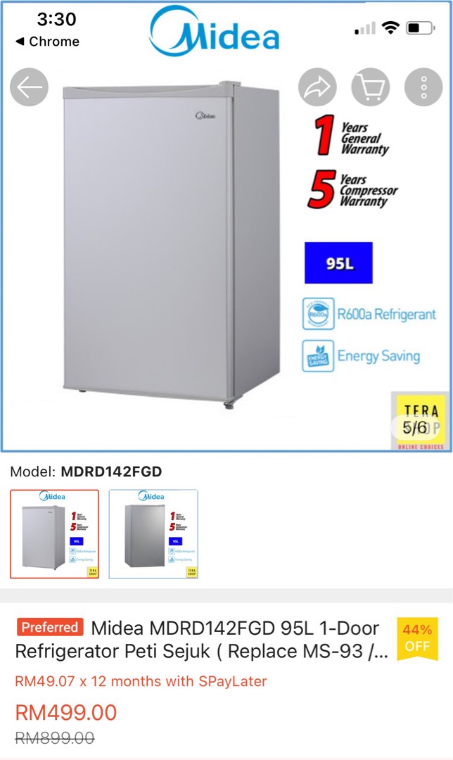 Midea MDRD142FGD 95L 1-Door Refrigerator Peti Sejuk ( Replace MS-93 ...