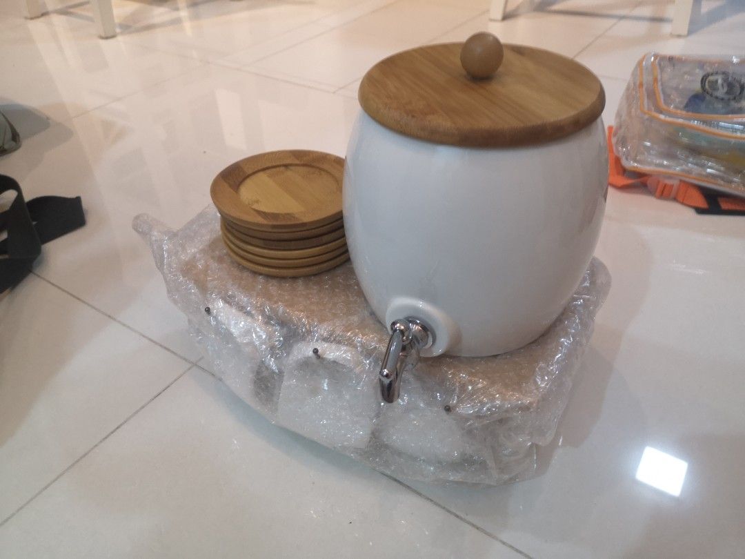 Set of water dispenser, coaster and cups, Furniture & Home Living ...