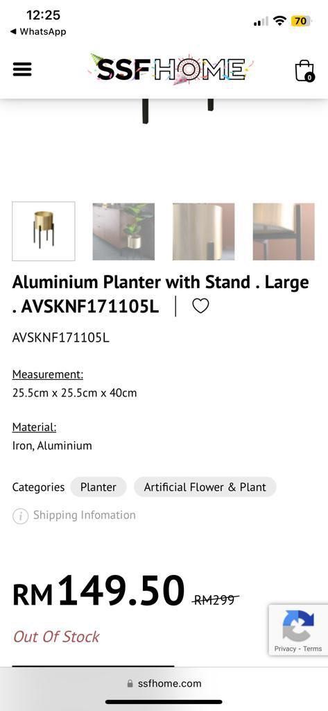 SSF Aluminium Planter Gold Vase with Stand, Furniture & Home Living ...