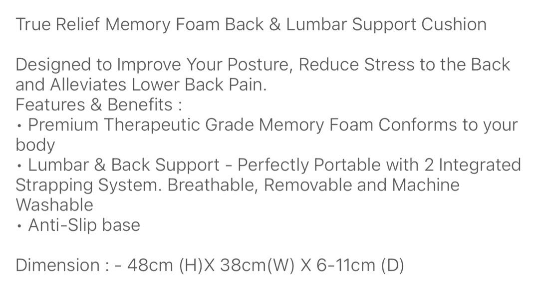 True Relief Memory Foam Ortho-Back & Lumbar Support, Furniture & Home ...