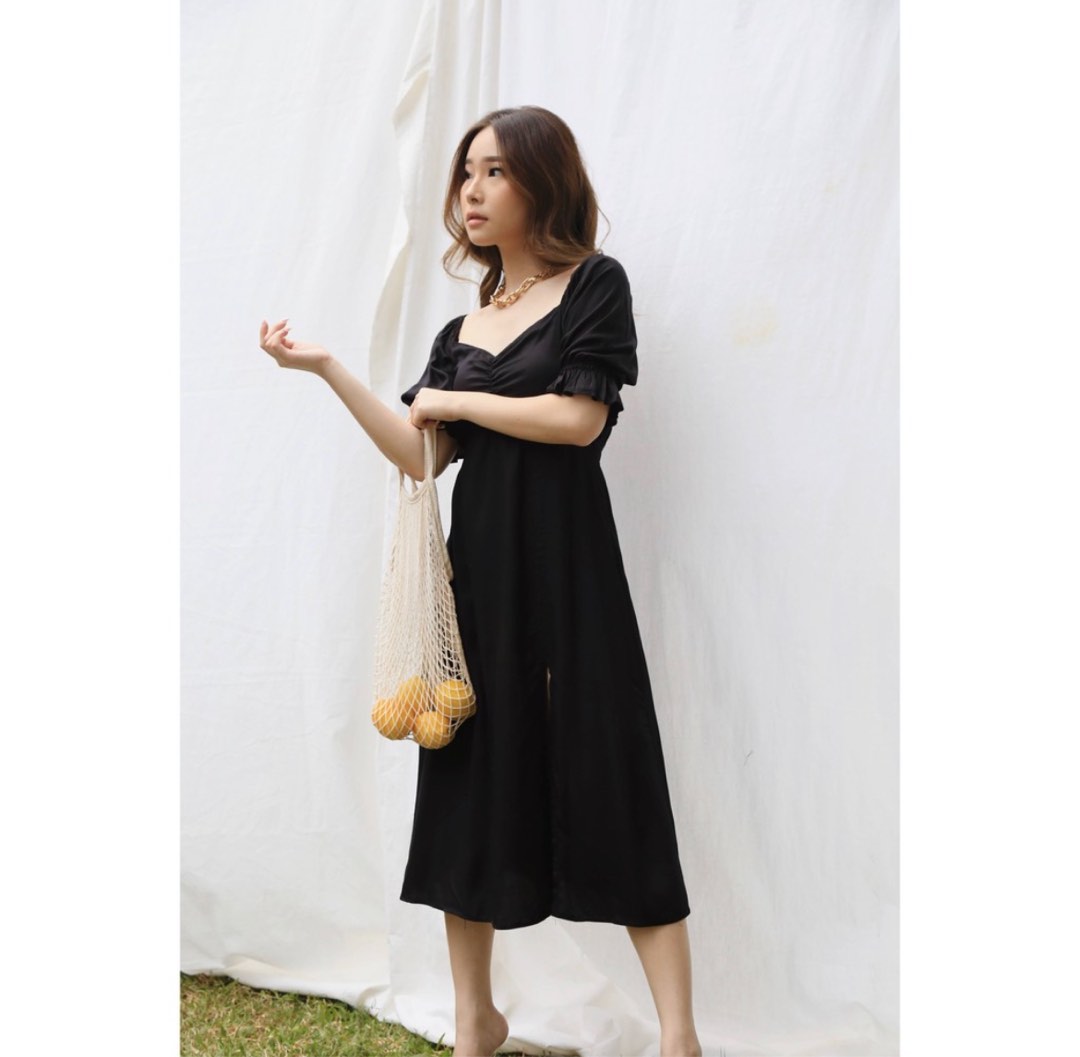 Atwell Collection Black Slit Dress Midi, Fesyen Wanita, Pakaian Wanita ...