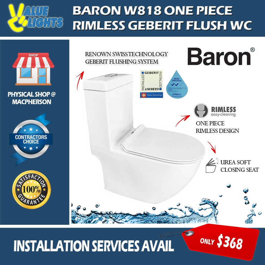 Baron W818 One Piece Rimless WC Toilet Bowl with Geberit Fitting Swiss Technology Flush ...