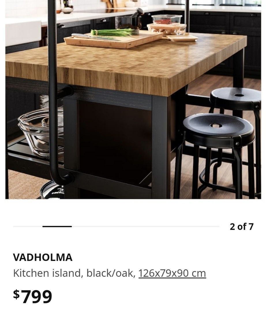 IKEA VADHOLMA Kitchen island, black/oak, 126x79x90 cm, Furniture & Home ...