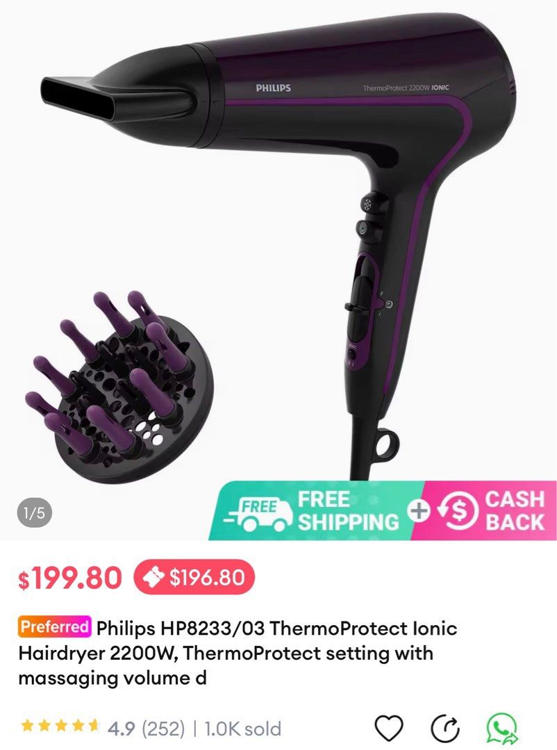Philips ThermoProtect Ionic Hairdryer 2200W, Beauty & Personal Care ...