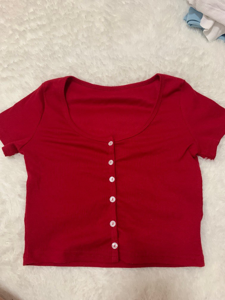 Red button top, Women's Fashion, Tops, Shirts on Carousell
