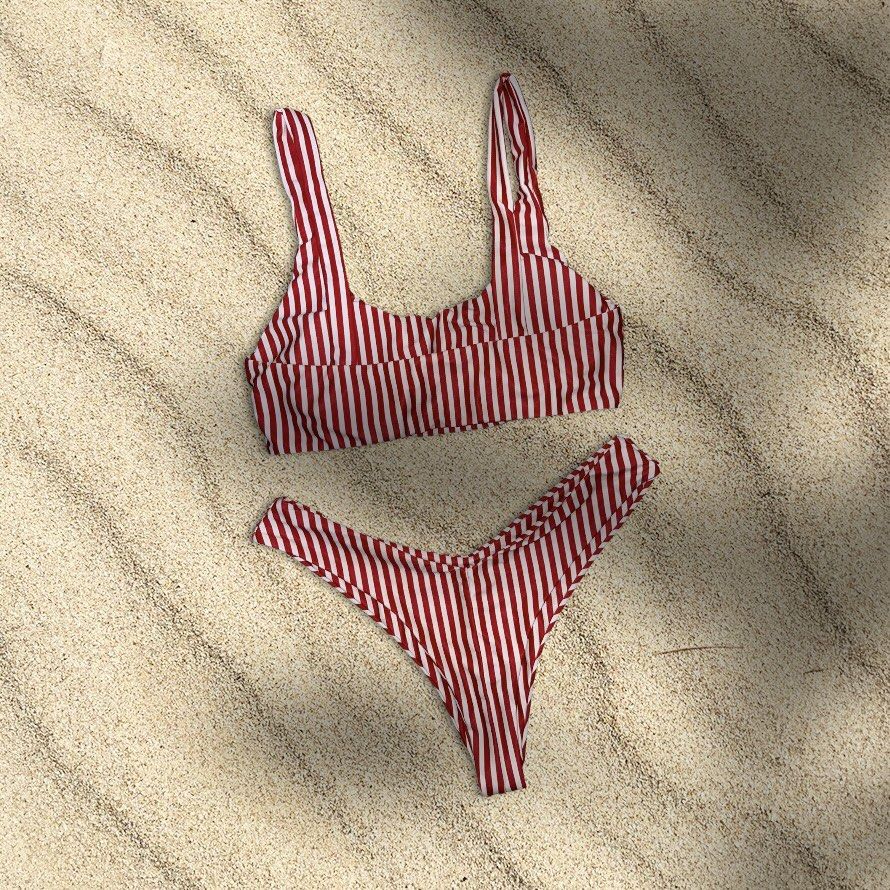 Red Padded High-Rise Two Piece Bikini, Women's Fashion, Swimwear ...