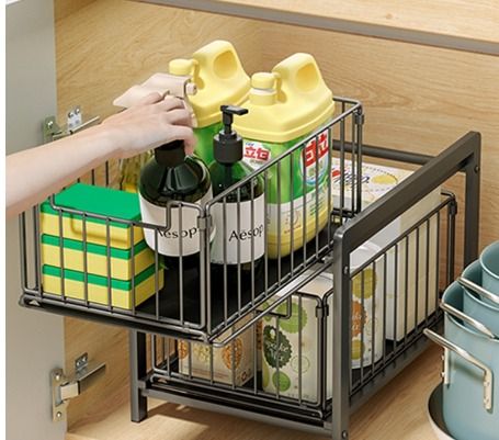 Under Sink Rack Multi-purpose Kitchen Rack 2-Tier Pull-out Shelves ...