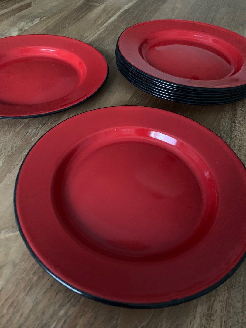 Vintage red enamel plates, Furniture & Home Living, Kitchenware ...