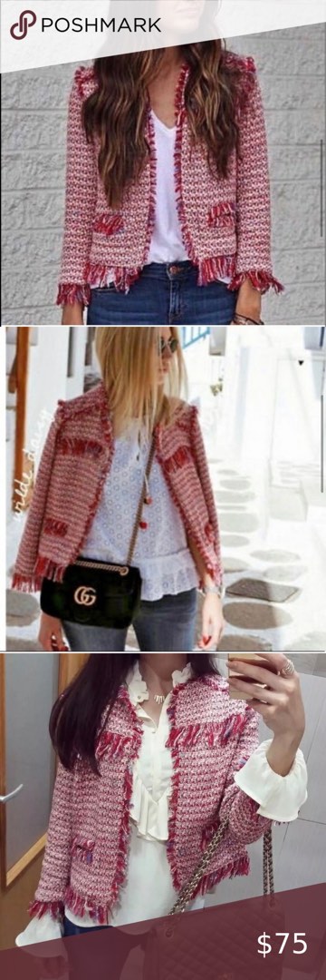 ZARA Red Tweed Jacket with Frayed Hem [XS], Women's Fashion, Coats ...