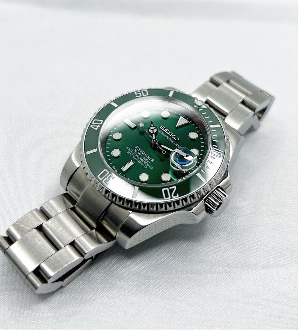 Custom Seiko Mod 40mm Green Hulk Submariner Automatic Watch , Men's ...