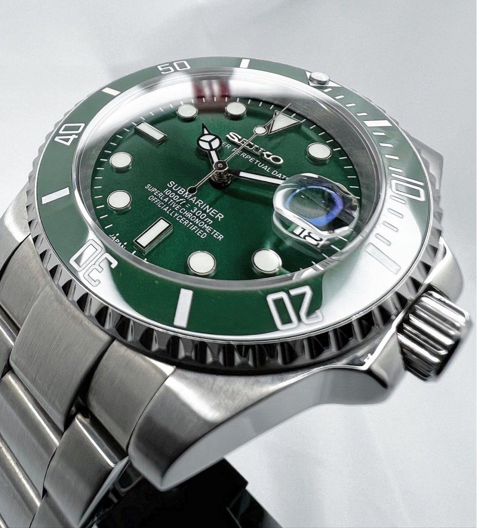 Custom Seiko Mod 40mm Green Hulk Submariner Automatic Watch , Men's ...