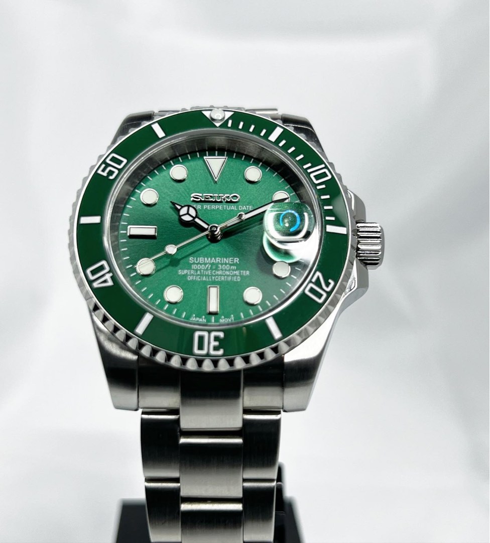 Custom Seiko Mod 40mm Green Hulk Submariner Automatic Watch , Men's ...