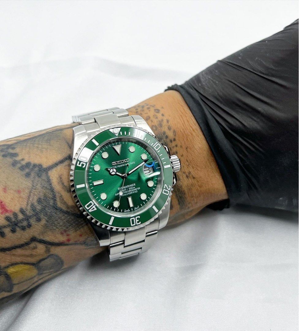 Custom Seiko Mod 40mm Green Hulk Submariner Automatic Watch , Men's ...