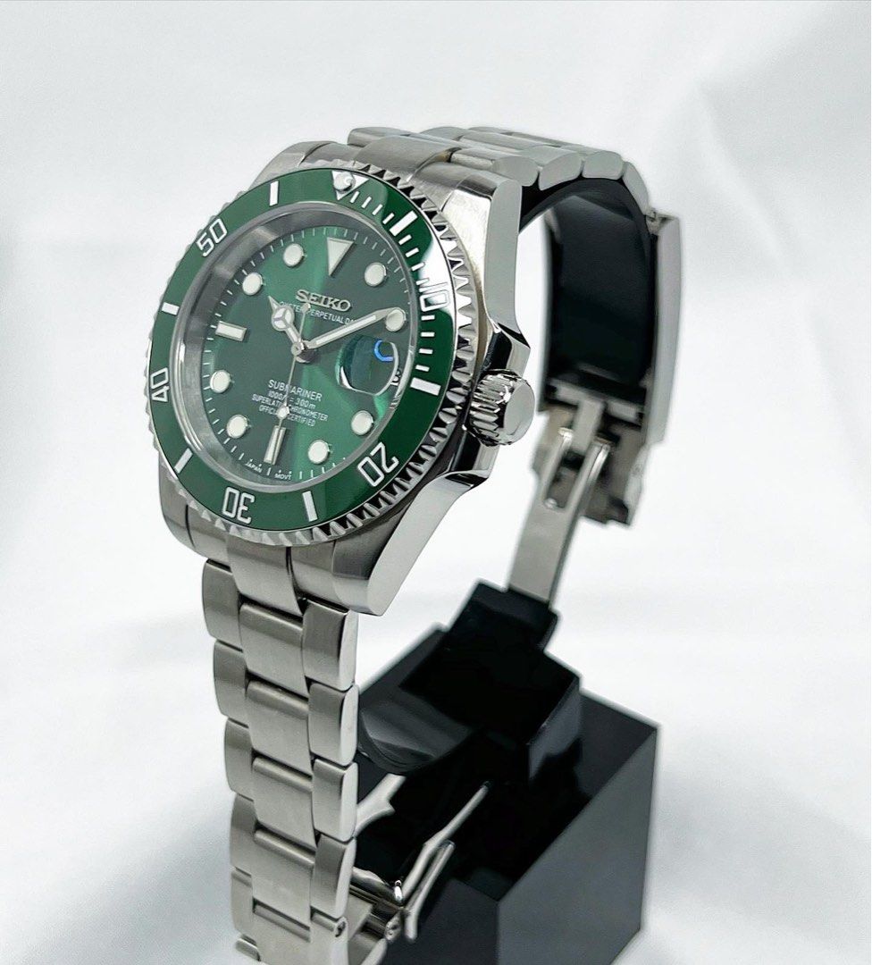 Custom Seiko Mod 40mm Green Hulk Submariner Automatic Watch , Men's ...