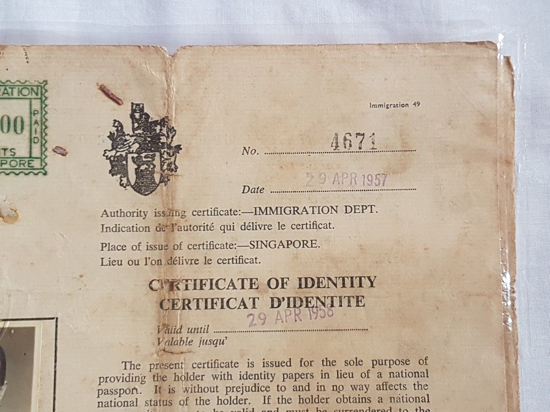 Singapore Certificate Of Identity 1958, Hobbies & Toys, Memorabilia ...