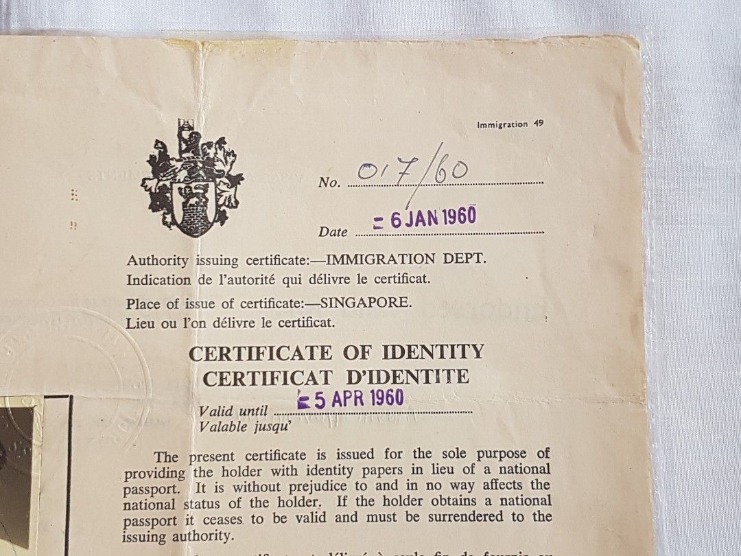 Singapore Certificate Of Identity 1960, Hobbies & Toys, Memorabilia ...