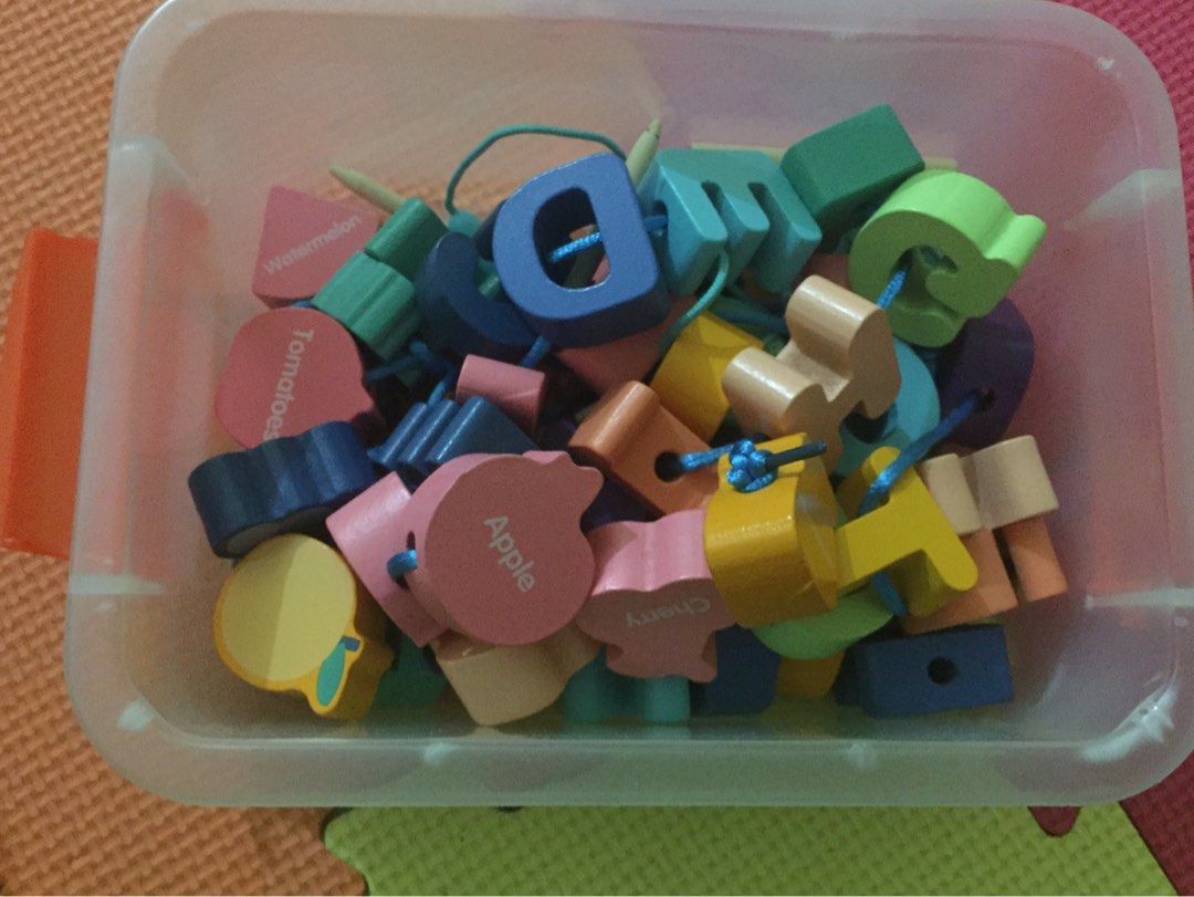 Threading alphabet + fruit, Hobbies & Toys, Toys & Games on Carousell