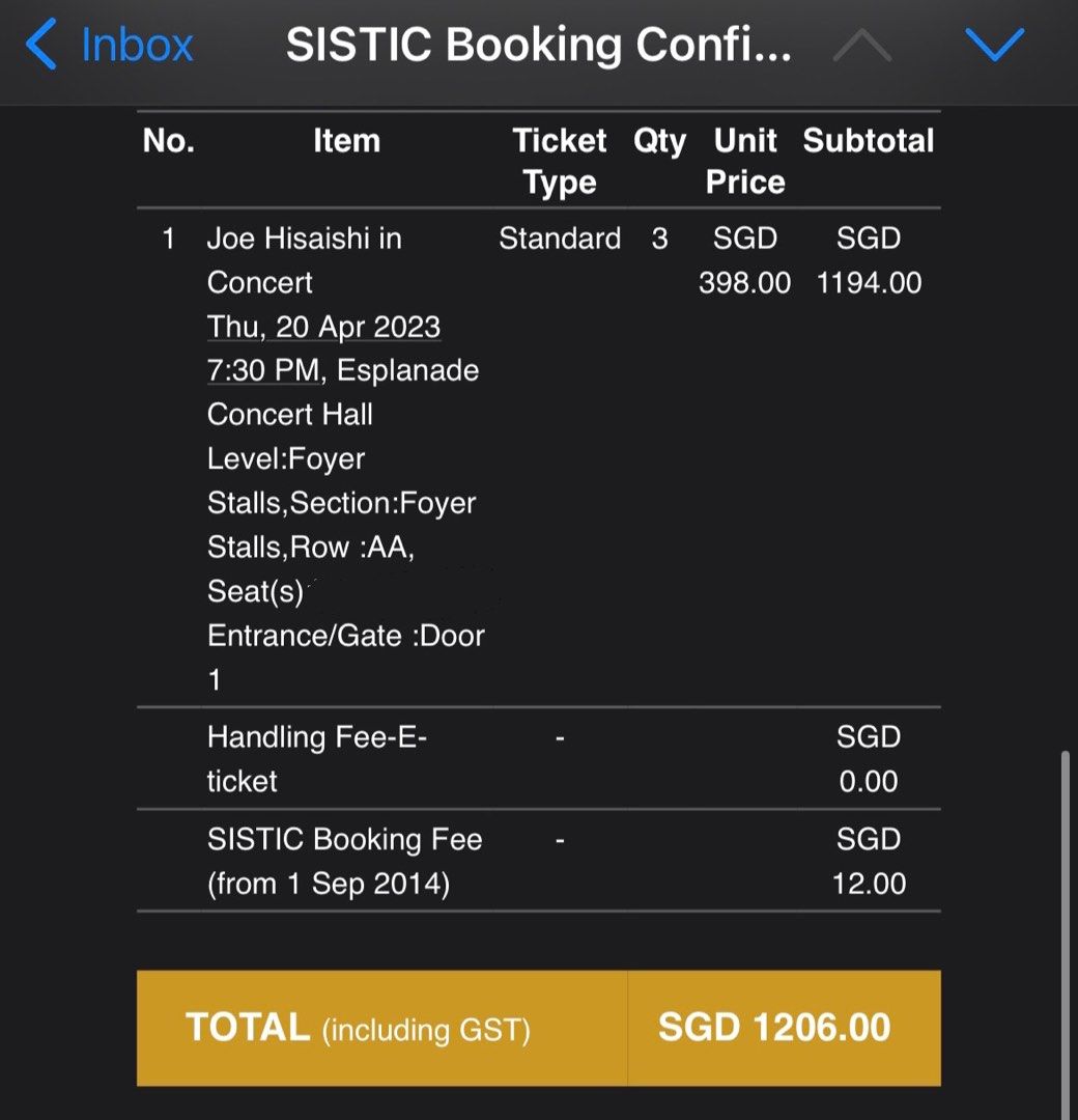 3 tix Foyer First Row Middle Seats for Joe Hisaishi Thu, Tickets ...