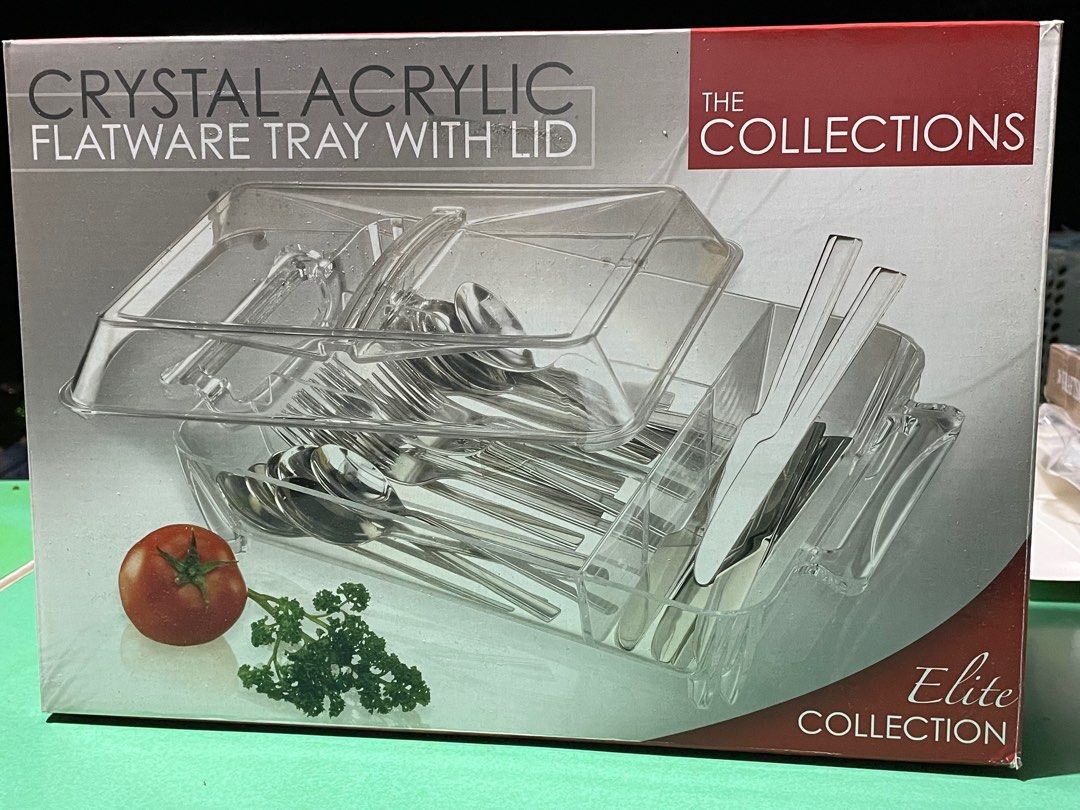 Crystal Acrylic Flatware Tray with Lid Spoon Fork Cutlery Storage ...