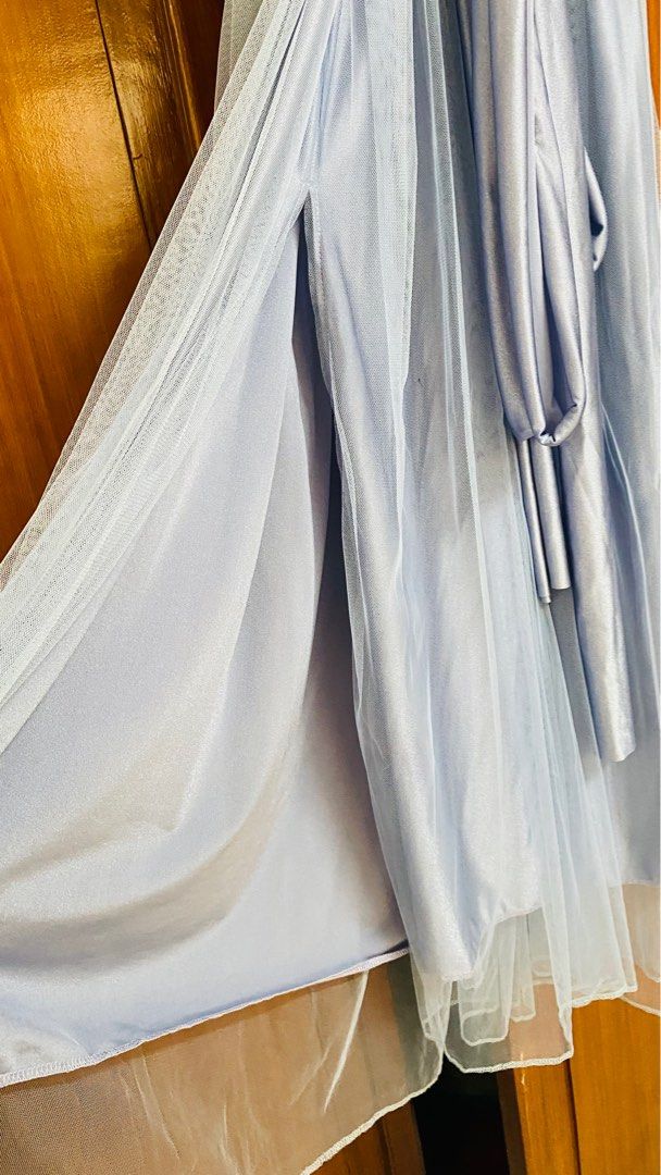 Dusty blue satin & tulle infinity dress with slit, Women's Fashion ...