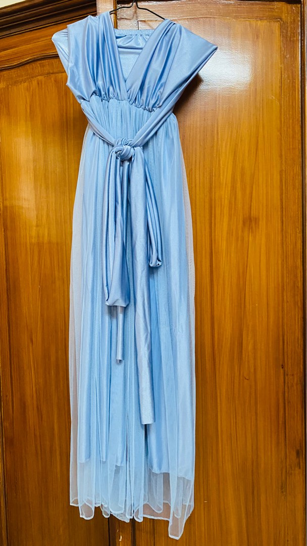 Dusty blue satin & tulle infinity dress with slit, Women's Fashion ...