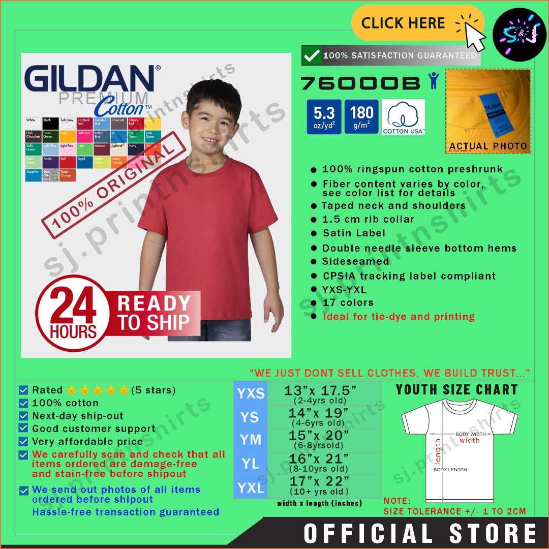 Gildan Premium Cotton 76000B Kids Plain T-Shirt (White, Black, Red ...