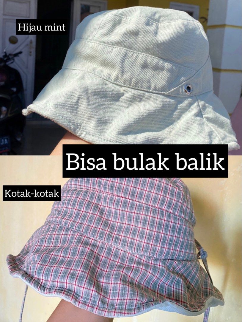 ILAHUI Topi Bucket hat Hijau / green kotak-kotak ada tali bisa dilepas ...