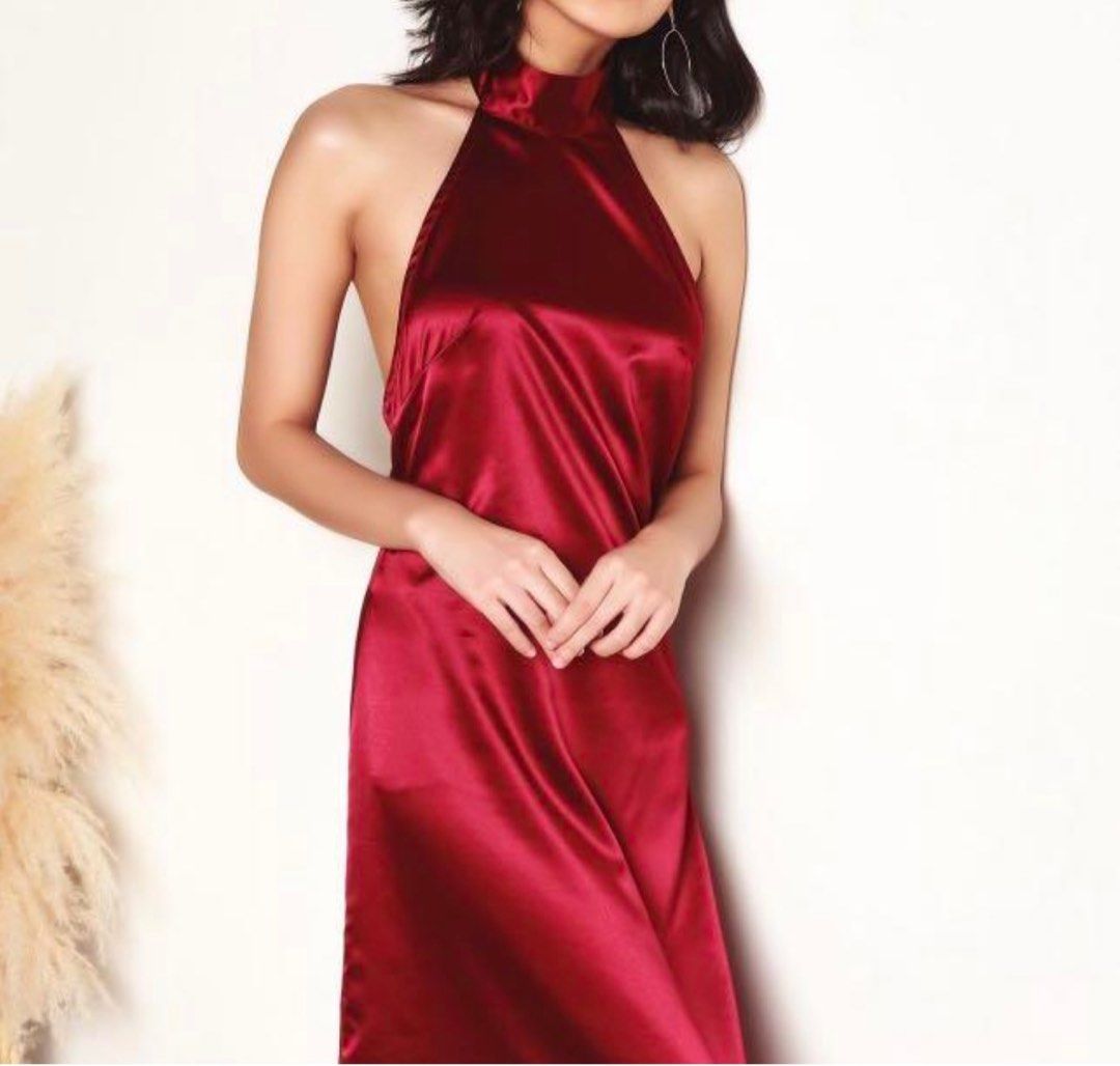 Maroon / Red Silk Halter Dress, Women's Fashion, Dresses & Sets ...