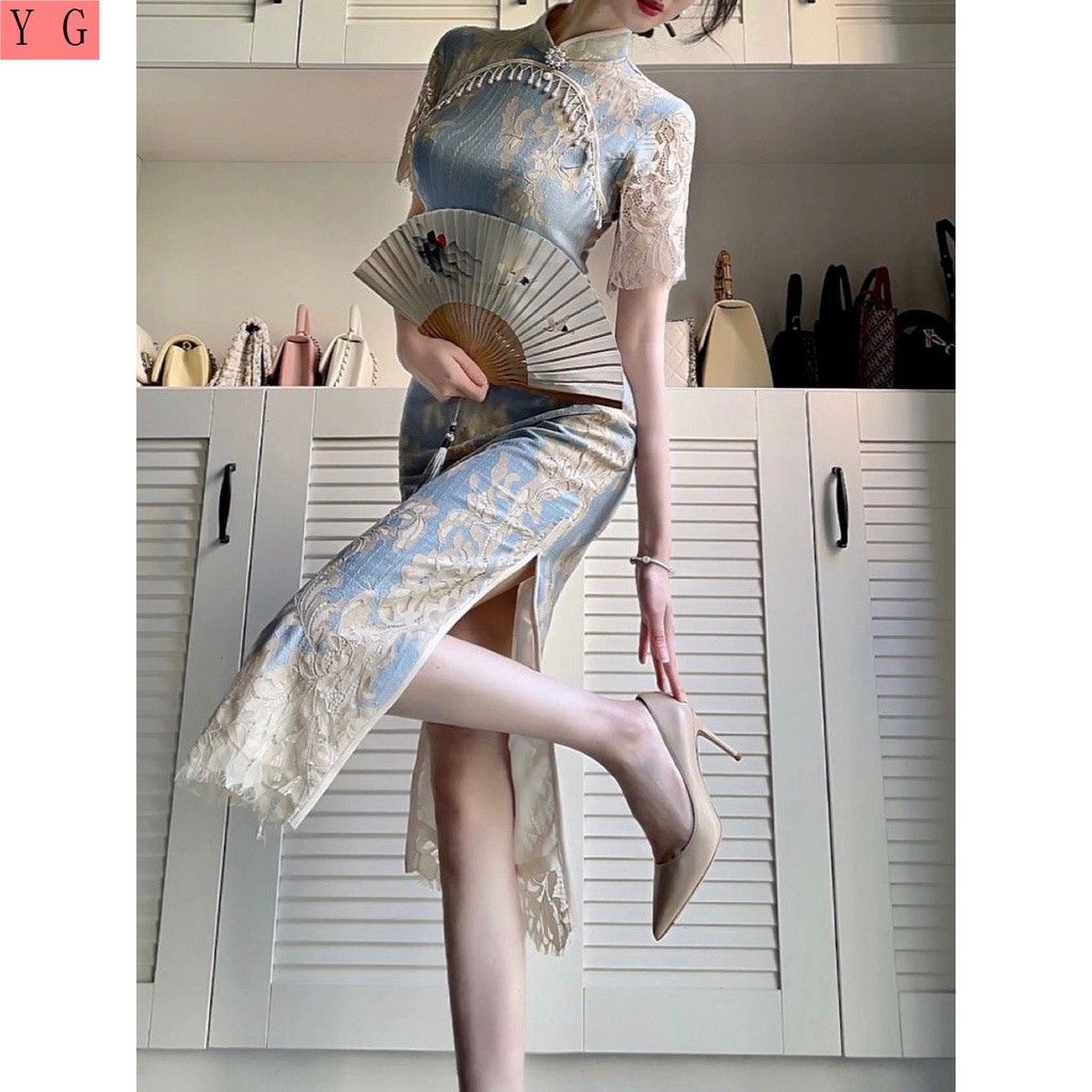 Modern Blue Creme Cream Lace Cheongsam Qipao Dress, Women's Fashion ...