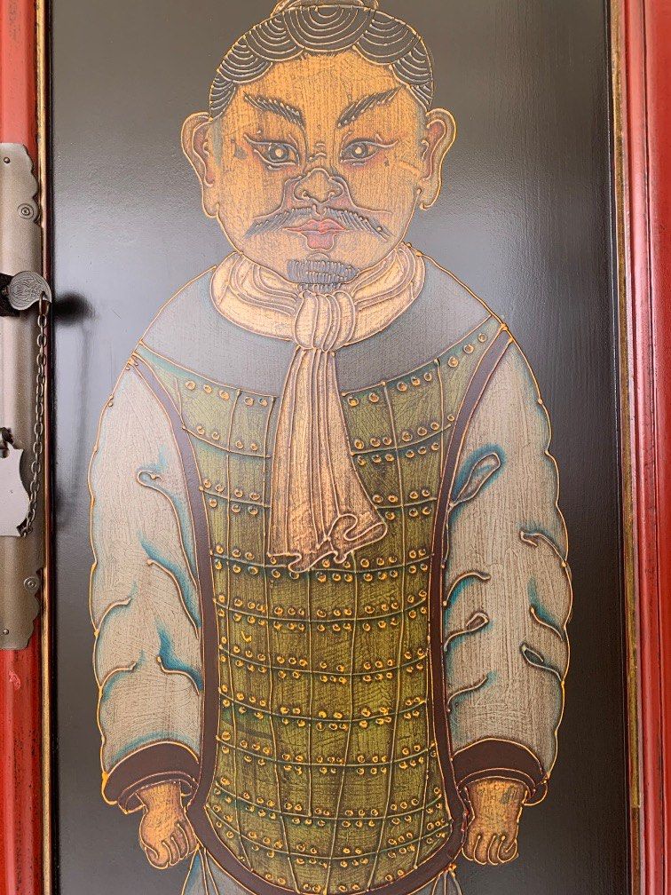 Orient Terracotta Warrior Cabinet Triple Pin Loop Red Lacque Elmwood Msrp $2k!, Furniture & Home ...