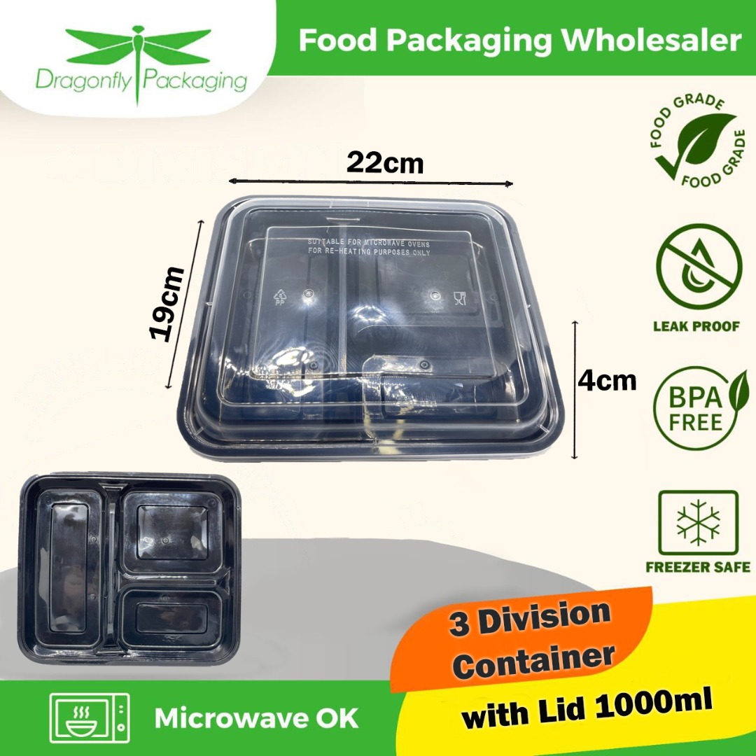 1000ML BLACK 3 DIVISION BENTO BOX WITH BUBBLE-TOP LID 150PCS PER CARTON ...