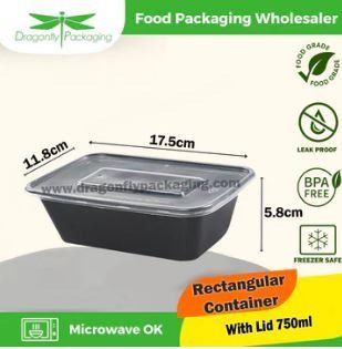 750ML BLACK RECTANGLE MICROWAVABLE CONTAINER WITH LID 300PCS PER CARTON ...