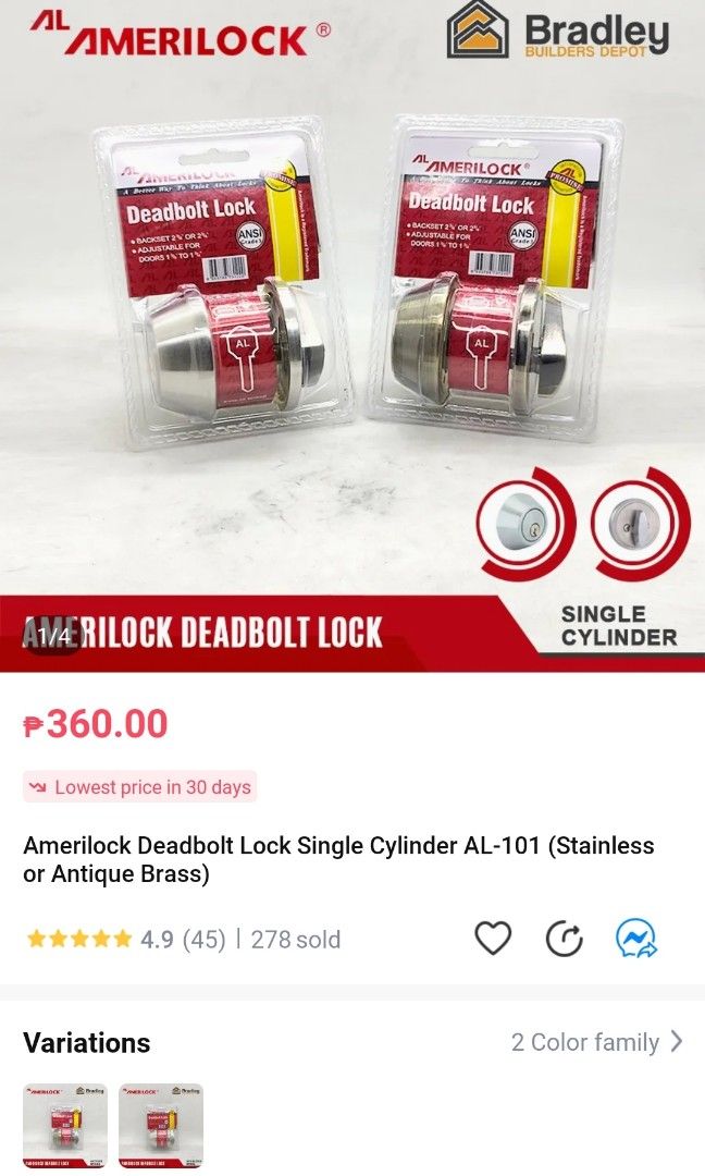 Amerilock Deadbolt Lock Single Cylinder AL-101 (Stainless), Furniture ...