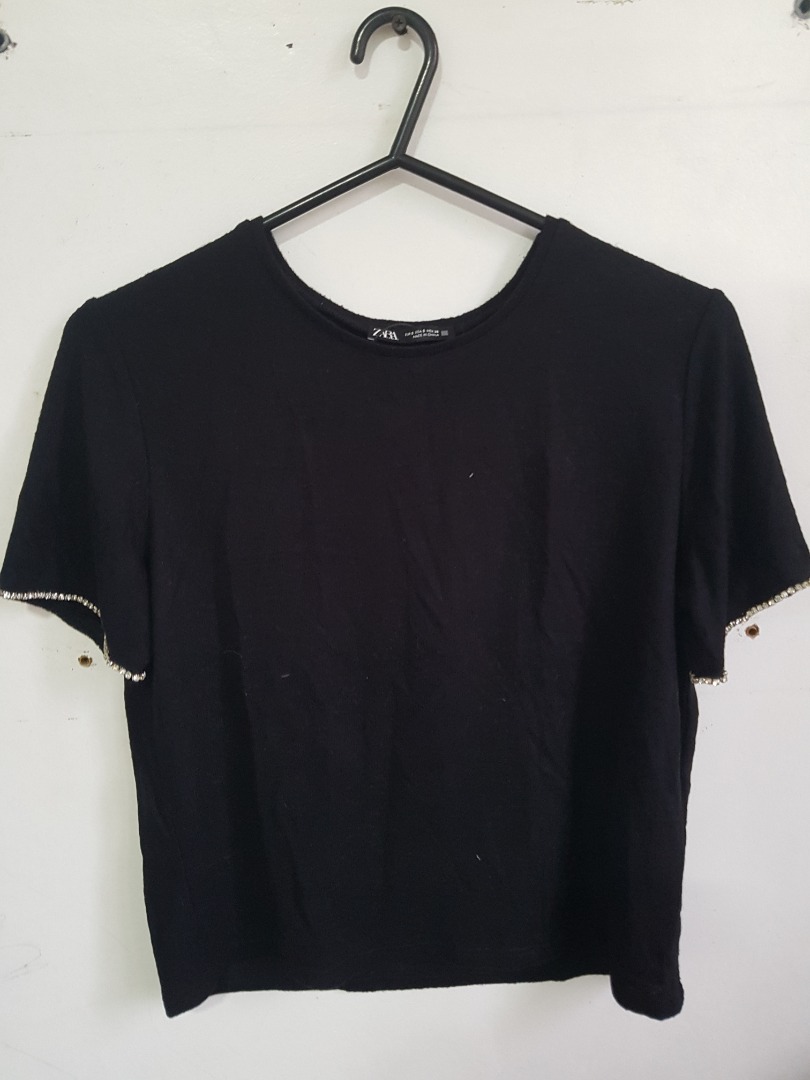 Black Basic Top with Rhinestones Sleeves, Women's Fashion, Tops, Shirts ...