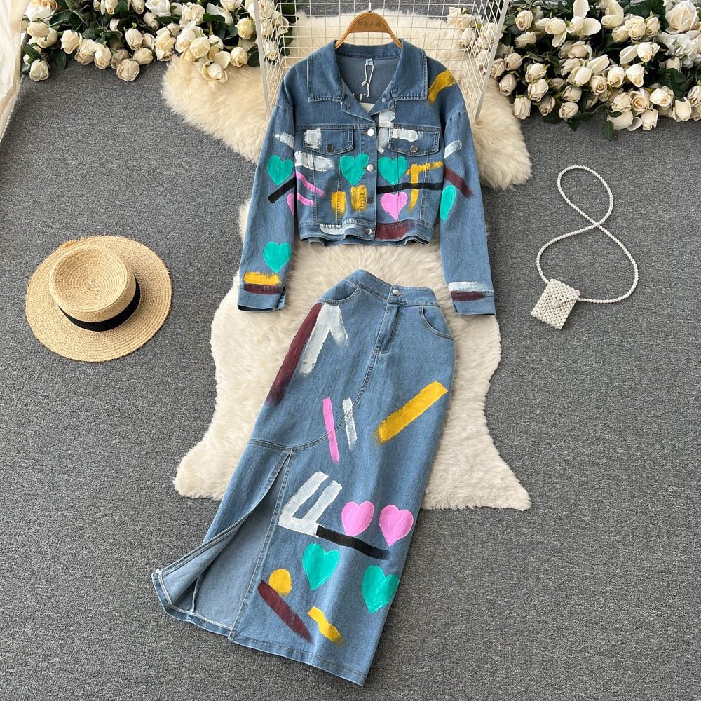 Korean Denim Jacket + Skirt Coords, Women's Fashion, Dresses & Sets ...