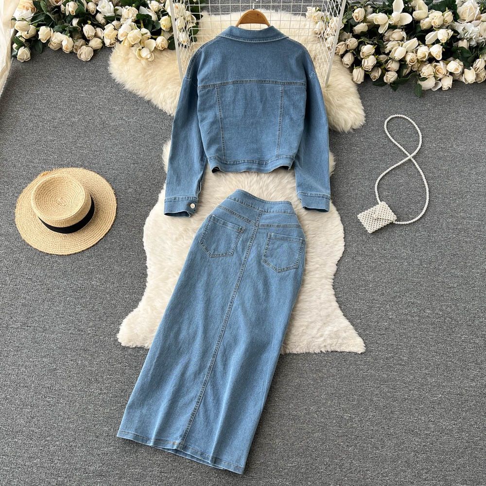 Korean Denim Jacket + Skirt Coords, Women's Fashion, Dresses & Sets ...