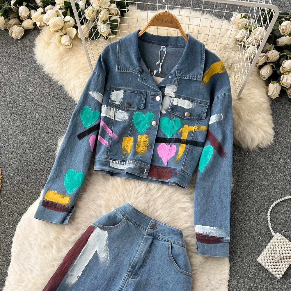 Korean Denim Jacket + Skirt Coords, Women's Fashion, Dresses & Sets ...
