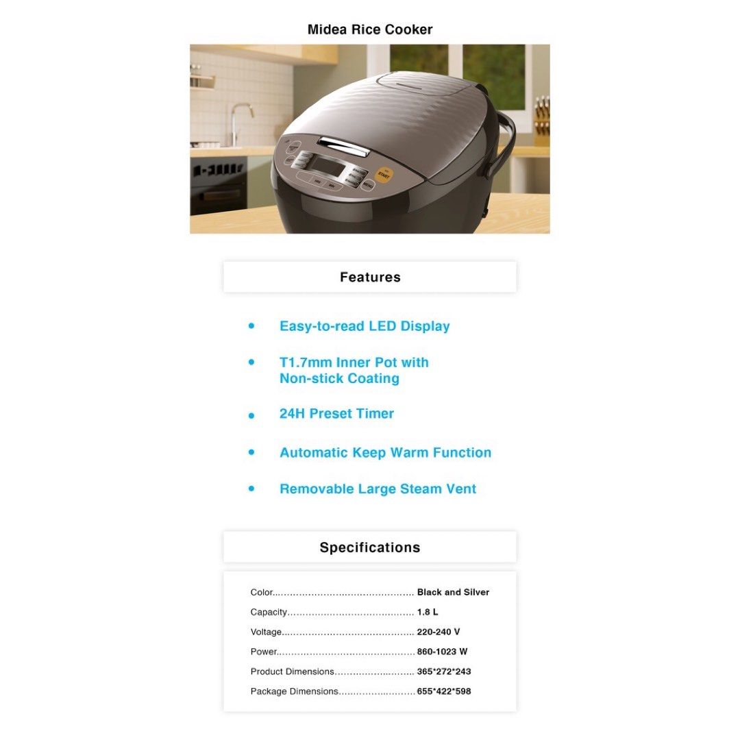 Midea Automatic keep warm function Rice Cooker, 1.8L, MMR5018 - MIDE ...