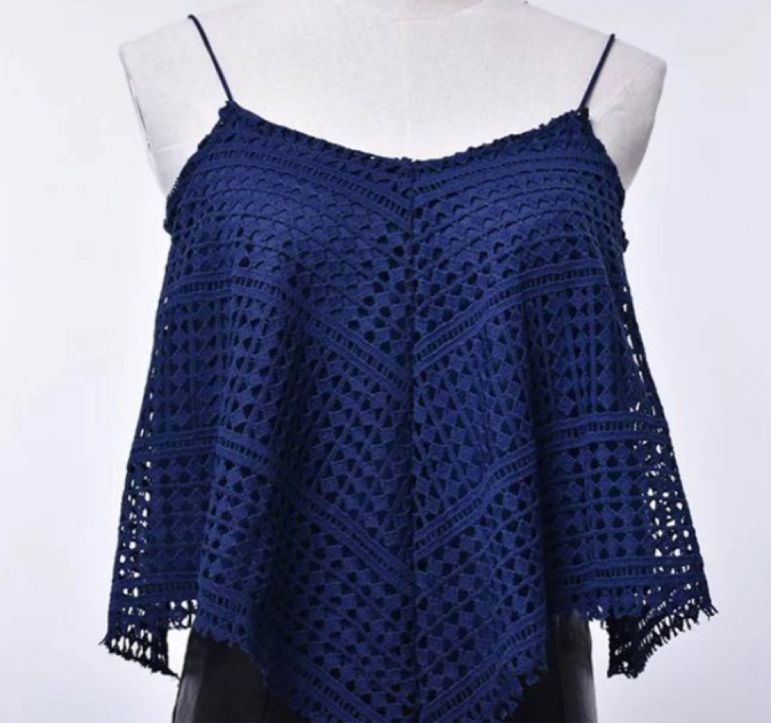 navy crochet spag top, Women's Fashion, Tops, Sleeveless on Carousell