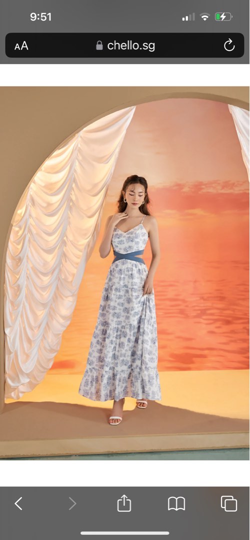 Chello Scarlett Cut-Out Maxi Dress in Toile De Jouy Fabric - White/Vintage Blue, Women's Fashion ...