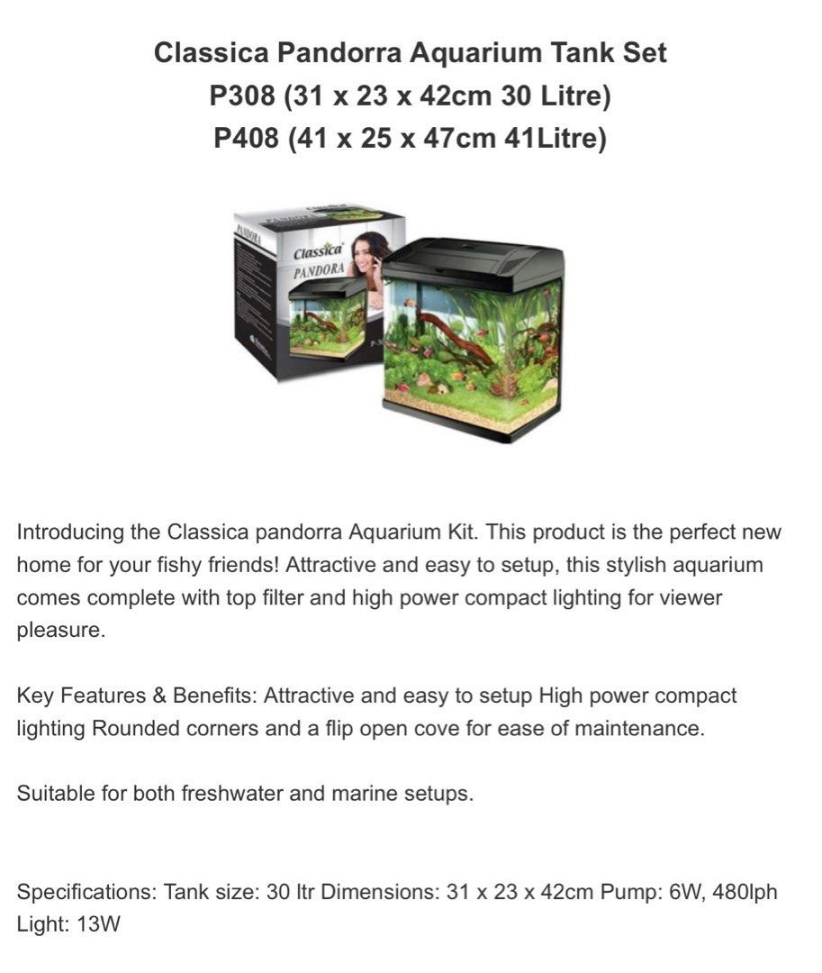 Classica Pandora Aquarium Tank Set P-308 Fish Tank 30L, Pet Supplies ...