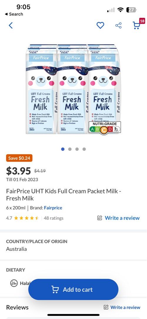 Exp 9/7/23 FairPrice UHT packet full cream milk for kids, Health ...