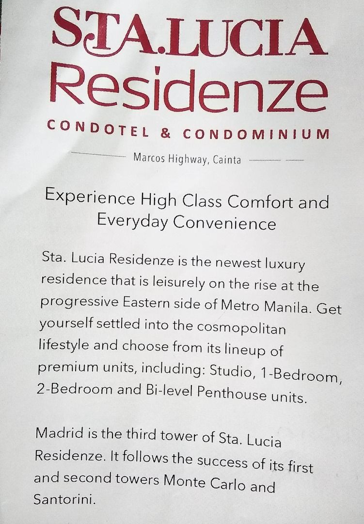 PRE-SELLING MADRID TOWER, STA. LUCIA RESIDENZES, CAINTA RIZAL, Property ...