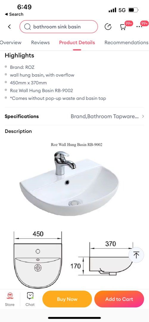 Roz (Hoe Kee) bathroom sink 450mm, Furniture & Home Living, Bathroom ...
