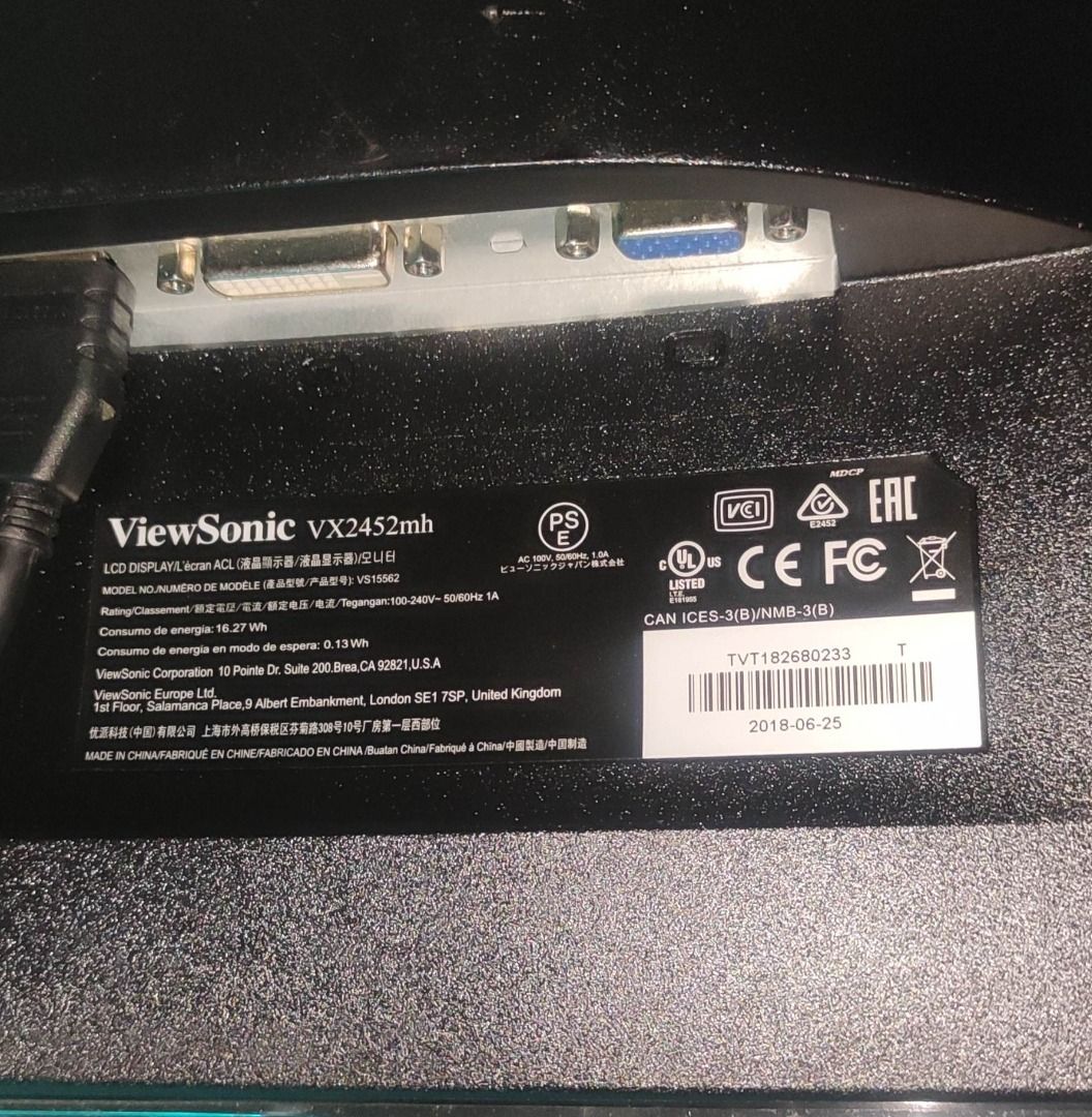 ViewSonic VX2452MH 24 Inch 2ms 60Hz 1080p Gaming Monitor, Computers ...